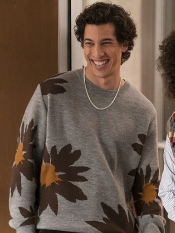 Abbott Elementary S3 Benjamin Norris Floral Jumper | Knitted Sunflower Crew Sweater - Gray