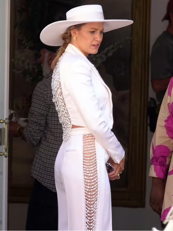 Another Simple Favor 2025 Blake Lively White Pearl-Embellished Suit